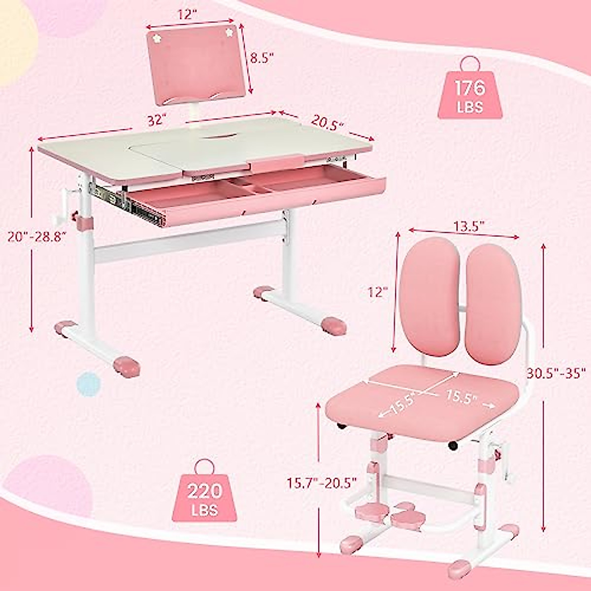 Costzon Kids Desk and Chair Set, Height-Adjustable Student Study Desk with Tiltable Desktop, Book Stand, Ergonomic Chair with Footrest, Writing Table & Chair Set for Boys Girls (Pink)