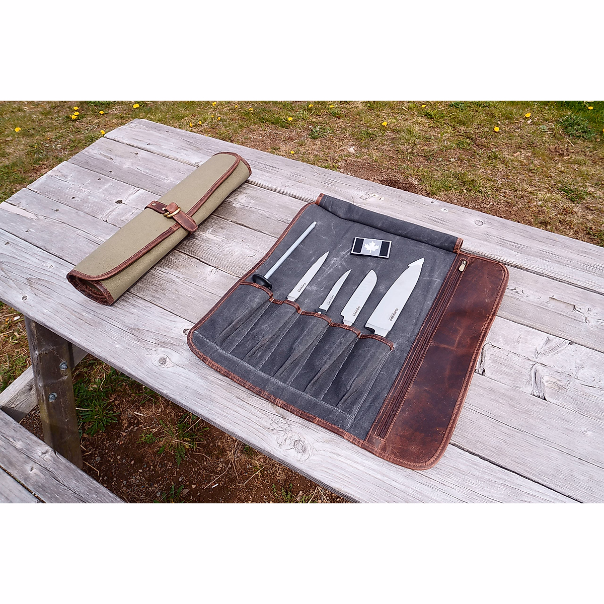 Chef Kniferoll Bag Leather and Waxed Canvas (Olive Green)