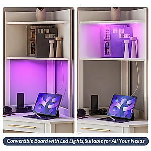 BELLEZE Corner Desk with Hutch, Compact Home Office Desk with Display Shelf and Drawer, Space Saving Writing Desk with Charge Outlets and LED Lights for Living Room, Bedroom - Tate (White)