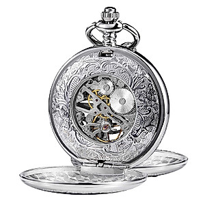 TREEWETO Mens Mechanical Pocket Watch Antique Dream Dragon Skeleton Silver Tone Double Open Case with China & Box Gift for Man Woman