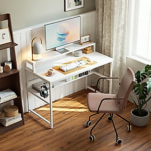 Cubiker 47 Inch Computer Desk with Storage, Home Office Desk with Monitor Stand and Storage Shelves, Modern Study Writing Desk, White