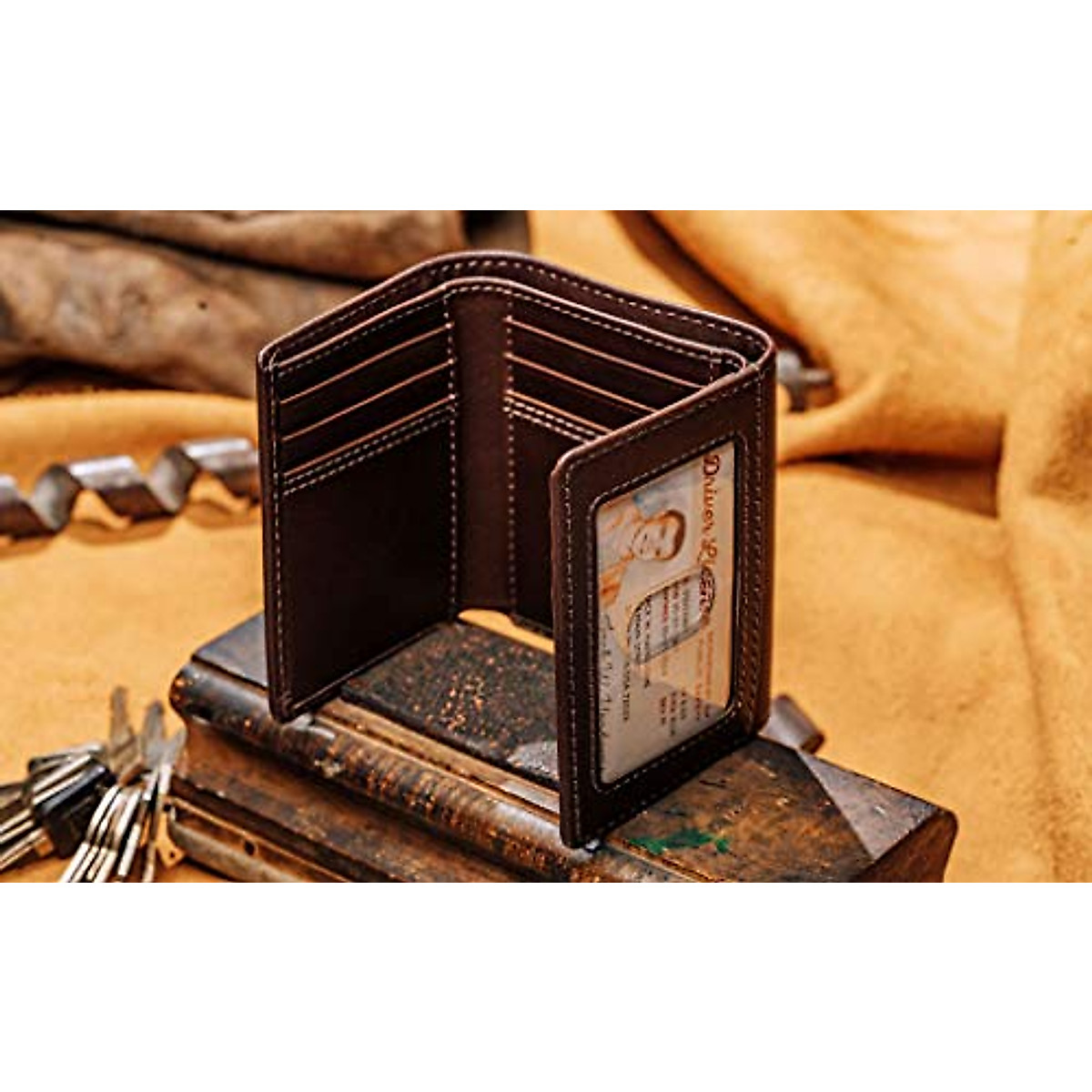 HoJ Co. Dutton Extra Capacity Trifold Wallet with Flip Out ID| 9 Card Slots & 3 Pockets | Full Grain Nappa Leather | Brown Tri fold Wallet