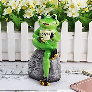 JUXYES Creative Craft Resin Frog Figurine Decor, Frog Sitting On Stone Statue Drinking Coffee Sculpture Statue, Personalized Collectible Figurines Mascot Frog for Indoor Outdoor Garden Decoration