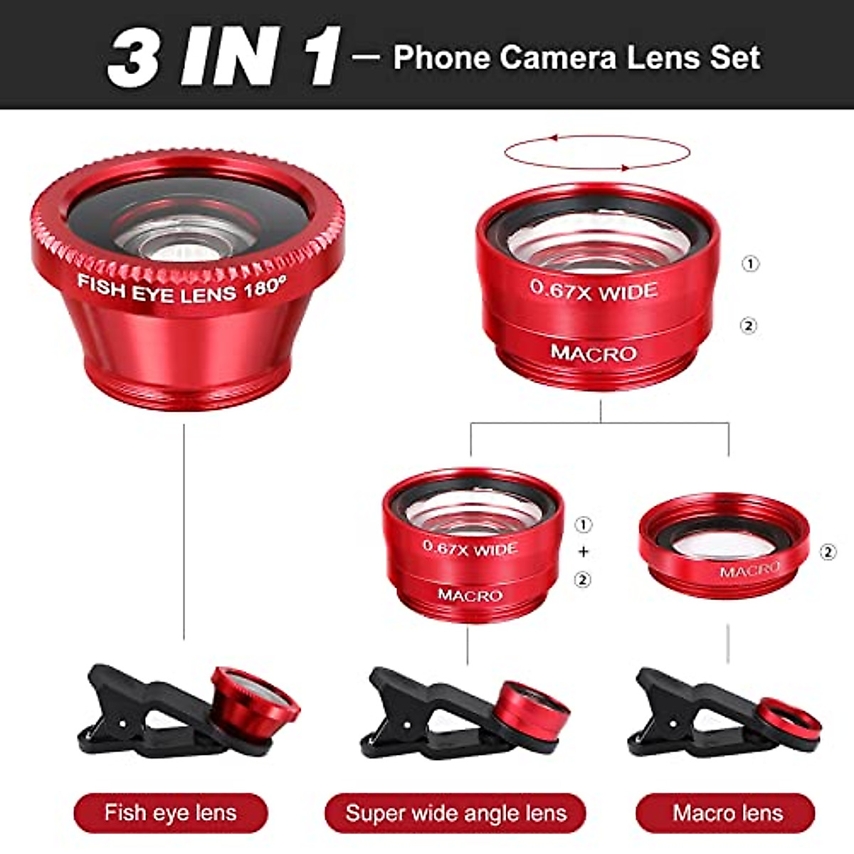 Hemobllo Portable Cell Phone Camera Lens Super Wide Angle Lens Macro Lens Fisheye Lens Clip on 3 in 1 Mobile Phone Lens Compatible for iPhone 6S/7/8/X (Red)