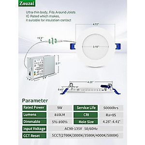 zouzai 24 Pack 4 Inch Ultra-Thin LED Recessed Ceiling Light with Junction Box 5CCT Adjustable Dimmable Can-Killer Downlight - ETL and Energy Star Certified (24 Pack 5CCT White, 4 Inch)