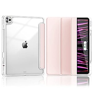 Hoidokly Case for iPad Pro 12.9 6th/5th/4th/3rd Generation (2022/2021/2020/2018), Thin Clear Shell Smart Trifold Stand 12.9 inch Protective Transparent Cover with Pencil Holder Auto Sleep/Wake, Pink