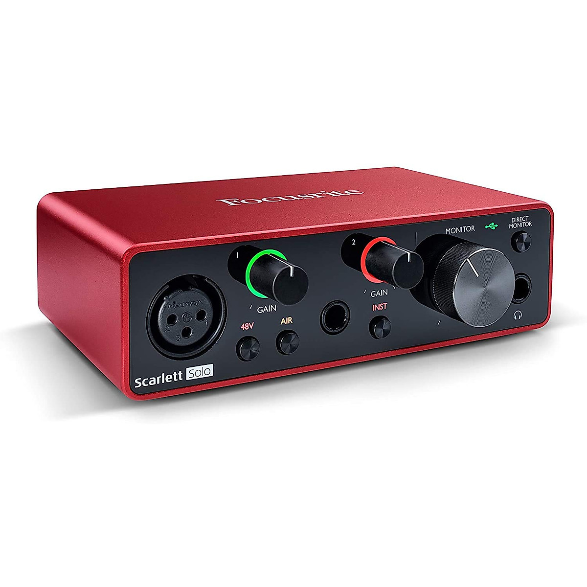 Focusrite Scarlett Solo 2x2 USB Audio Interface Full Studio Bundle with Creative Music Production Software Kit and Eris 4.5 Pair Studio Monitors and 1/4” Instrument Cables