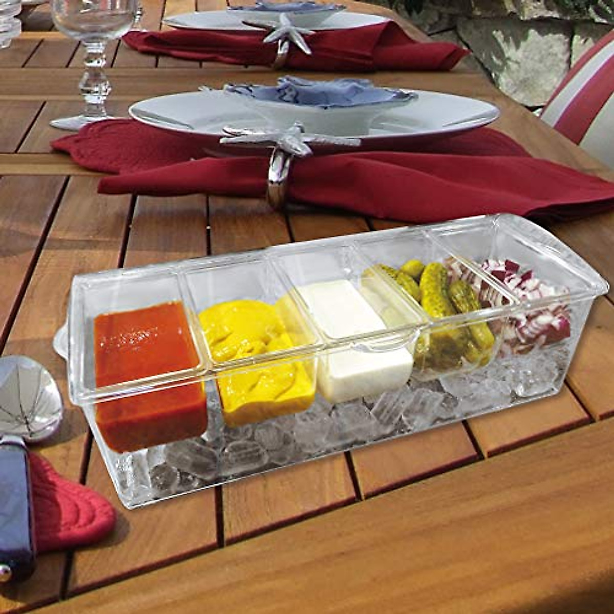 Evelots Ice Chilled Condiment Tray-5 Removable Compartments-Lid-2 Cup Containers