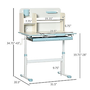Qaba Wooden Kids Study Desk, Height Adjustable Children School Study Table, Student Writing Desk with Tilt Desktop, Drawer, Storage Shelf, Pen Holder, Blue
