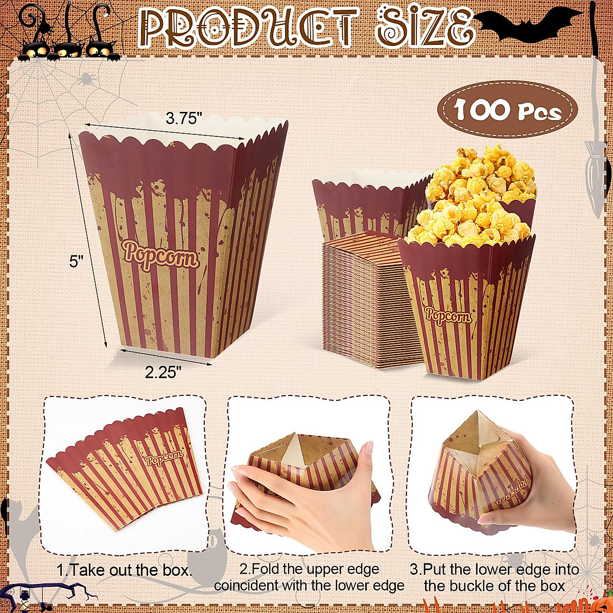 MotiMind 100 pcs Popcorn Boxes for Movie Night Popcorn Bags Popcorn Containers Creepy Carnival Decor Circus Snack Boxes Candy Cookie Container for Movie Night Halloween Birthday Party Supplies