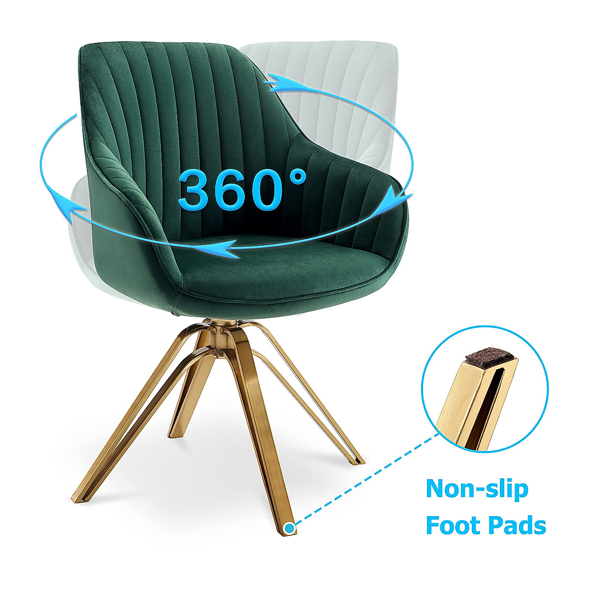 Volans Swivel Accent Chair, Mid Century Modern Desk Chair No Wheels, Upholstered Swivel Office Chair with Hollow Brushed Gold Plated Legs Office Chair for Living Room, Dining Room, Green Black