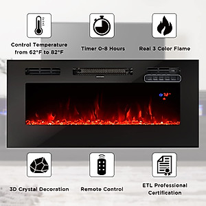 AMERLIFE 80" TV Stand with 40" Electric Fireplace Large Modern Wood Texture Media Entertainment Center with Highlight Storage Cabinet and 12 Colors LED Lights for TVs Up to 90", 80 inches, Black