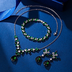 EleQueen Women's Wedding Bridal Jewelry Set for Brides Bridesmaids, Sparkle Cubic Zirconia Teardrop Necklace Dangle Earrings Bracelet Sets for Party Prom Emerald Color