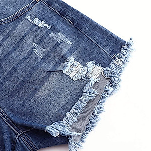THUNDER STAR Women Mid Rise Ripped Stretchy Jeans Shorts Frayed Raw Hem Casual Denim Shorts Blue XXL