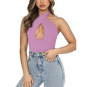 REORIA Women's Sexy Criss Cross Halter Neck Sleeveless Party Club Night Going Out Thong Bodysuits Tops Violet XX-Large
