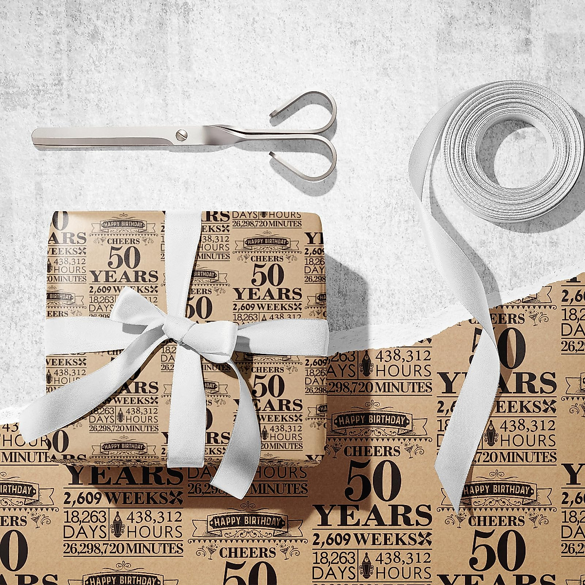 RUSPEPA Scented Kraft Wrapping Paper Roll - Mini Roll - Black 50 Years Design with Fragrance Great for Birthday, Party, Holiday - 17 inches x 16.4 feet - 50th Birthday