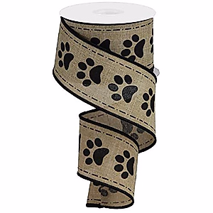 Wired Ribbon Beige and Black Paw Prints on Royal 2.5" X 10 Yards