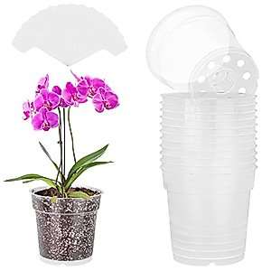 durony 12 Pack 4.5 Inches Clear Orchid Pots with Holes Flower Plant Pot Durable Plastic Planter with 12 Pieces Plant Labels Great Drainage for Seedlings Planting