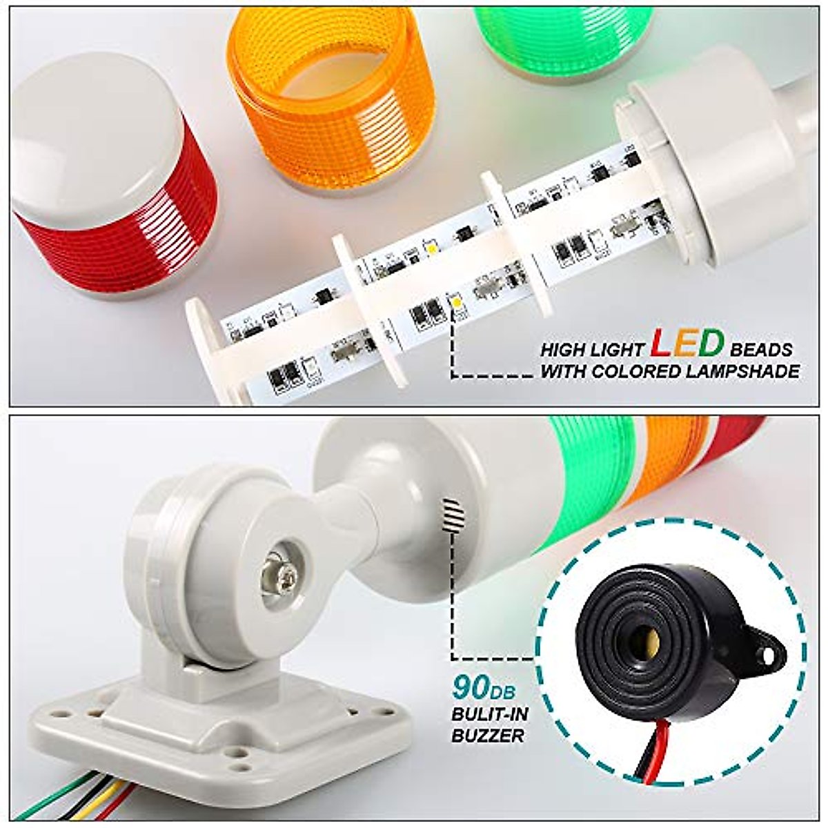 LUBAN Led Signal Tower Stack Lights, Industrial Signal Warning Lights, Column Tower Lamp Andon Lights with Rotatable Base, Steady/Flashing Light Switchable,12V 24V DC(3-Layer, no Buzzer)