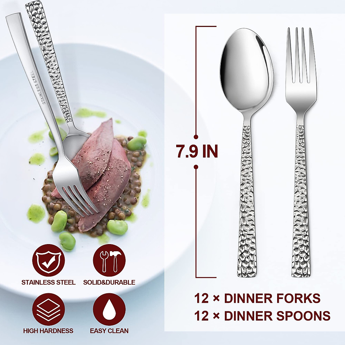 E-far 24-Piece Hammered Forks and Spoons Silverware Set, Stainless Steel Square 12 Dinner Forks and 12 Dinner Spoons, Modern Metal Flatware Cutlery for Kitchen and Restaurant, Dishwasher Safe-7.9 Inch