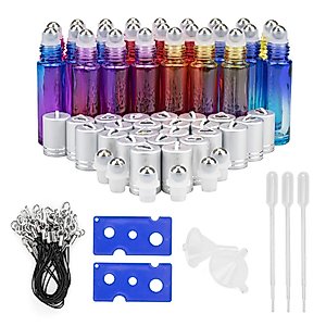 Foraineam 24 Pack 10ml Roller Bottles Gradient Color Glass Essential Oil Roller Bottle with Stainless Steel Roller Ball and Silver Hanging Lid