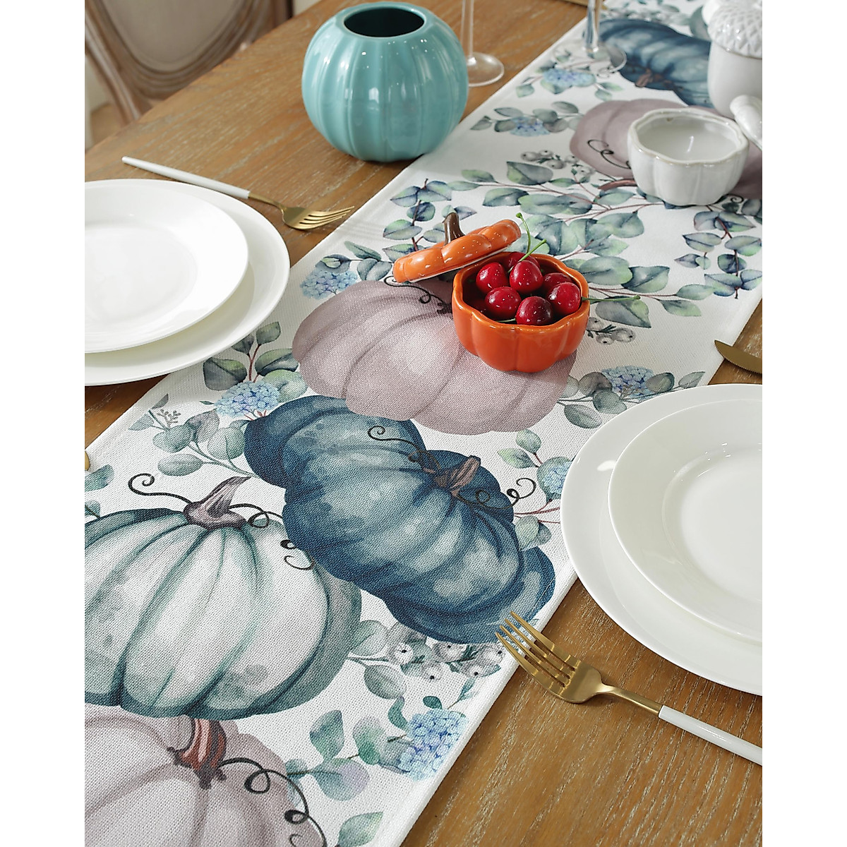 Thanksgiving Decorations Fall Table Runner 72 Inches Long with Autumn Pumpkins Eucalyptus Leaves. Fall Decorations for Home Dining Room Kitchen Table Seasonal Holiday Harvest Party Decor