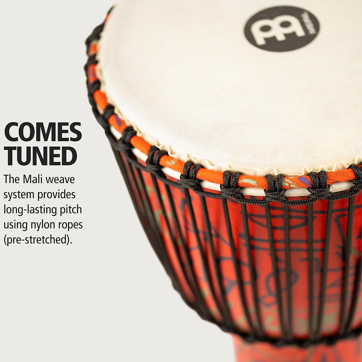 Travel Djembe Hand Drum Circle Instrument, Synthetic Shell and Goat Skin Head — NOT MADE IN CHINA — African Mali Weave Rope Tuning, 2-YEAR WARRANTY