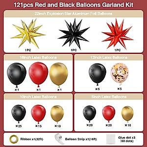 121 Pack Red Black Gold Balloons Arch Kit with Star, Red Black and Gold Balloon Garland for Graduation Anniversary Casino Night Hollywood New Years Movie Night Birthday Decorations