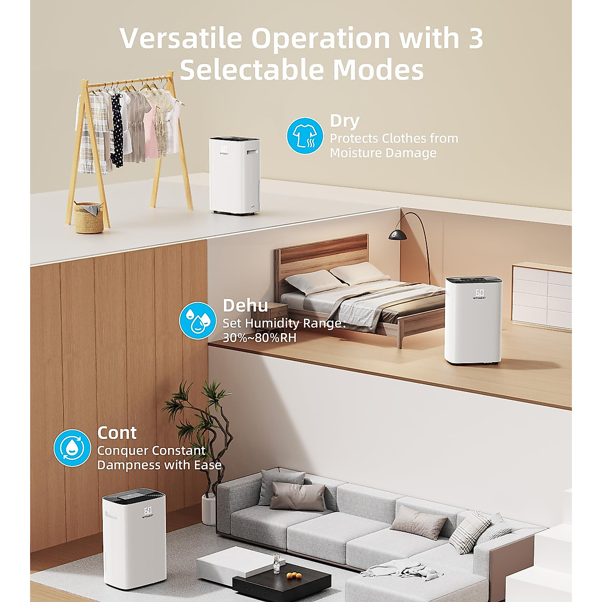 6000 Sq. Ft Dehumidifier for Basement, Wpsoert 100 Pints Dehumidifiers for Home Large Room with Drain Hose, Intelligent Humidity Control, Three Modes Deshumidificador, Child Lock, 24H Timer