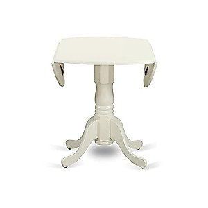 East West Furniture DLAB3-LWH-02 3Pc Round 42" Dining Room Table With Two 9-Inch Drop Leaves And 2 Parson Chair White Leg And Linen Fabric Light Beige, 3 Pieces