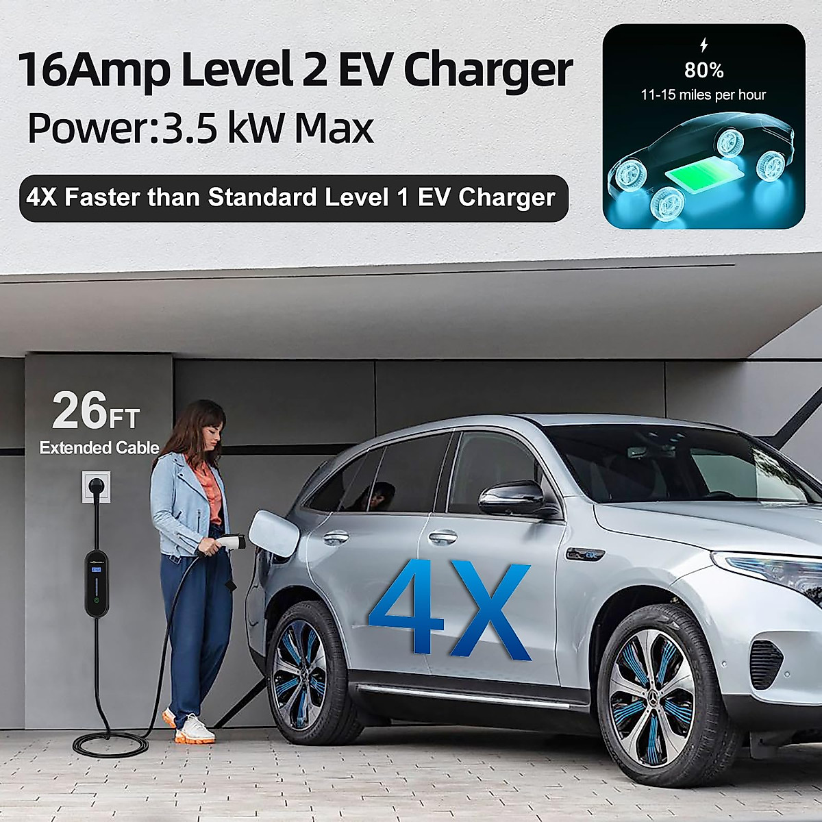 Twobarrels Level 1-2 Portable EV Charger, 16Amp 110-240V 26ft Cable Electric Vehicle Charger, NEMA 6-20 Plug EV Charging Stations with NEMA 5-15 Adapter for J1772 Electric Cars