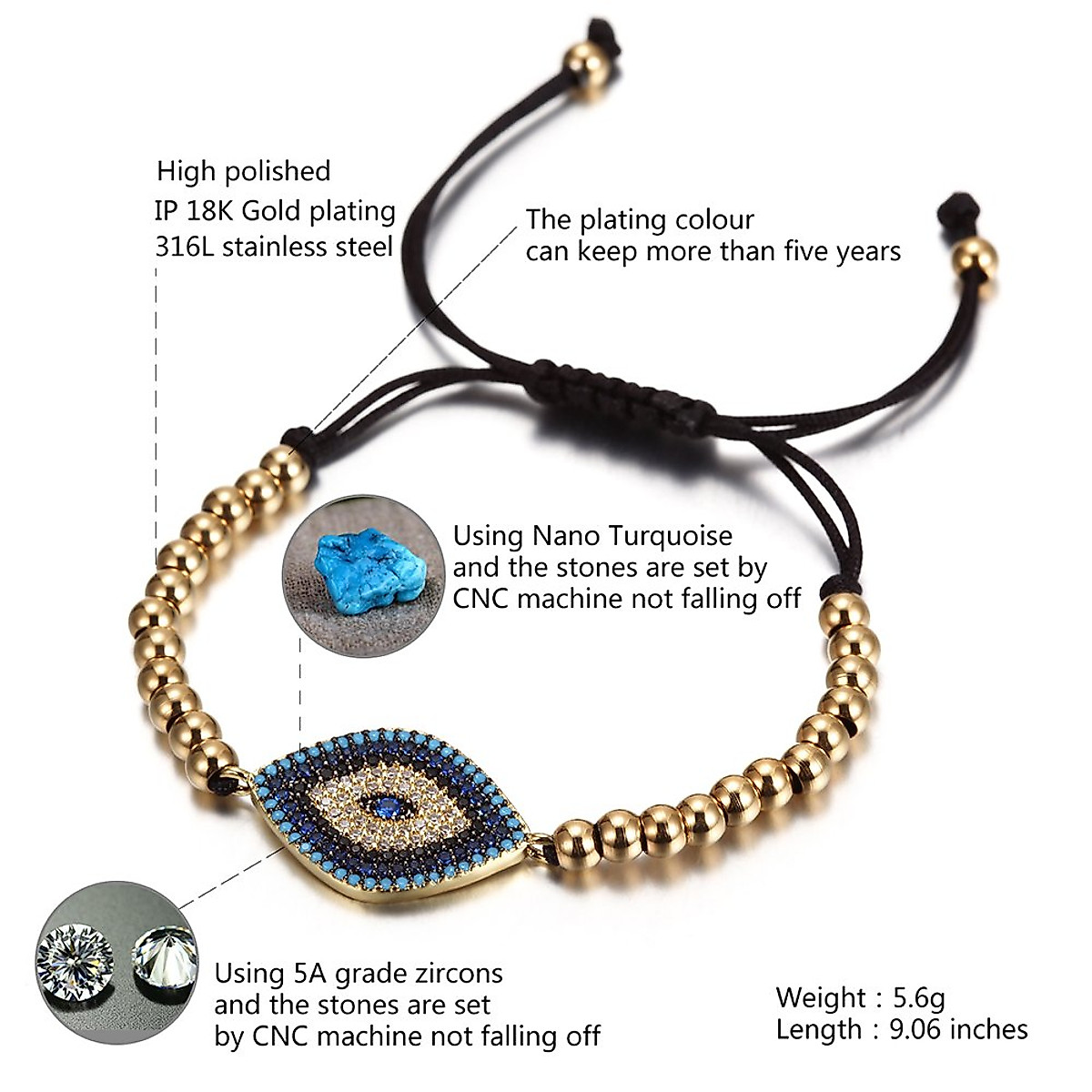 CIUNOFOR 14K Gold Filled Evil Eye Chain Bracelet, Adjustable White Bracelet for Women