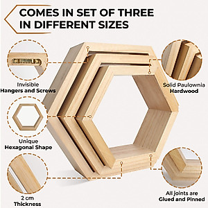 Onyx Home Hexagon Floating Shelves - Set of 3 - Boho Wall Decor. Geometric Hexagon Shelves. Includes All Hanging Hardware. Wooden Honeycomb Shelves. Succulent Plant Shelf