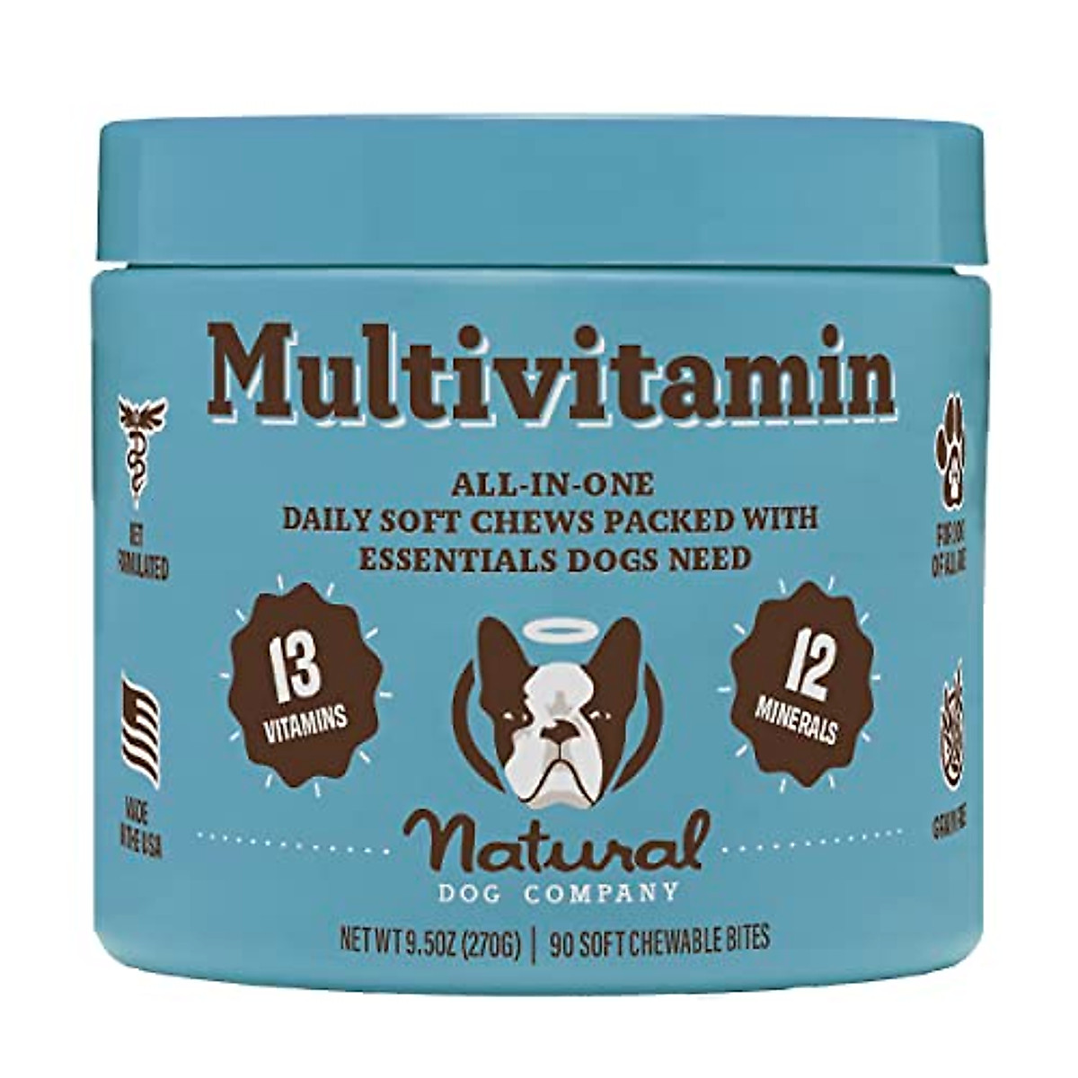 Natural Dog Company Multivitamin Chews (90 Pieces), Dog Vitamins and Supplements, Peanut Butter & Bacon Flavor, for Dogs of All Ages, Sizes, & Breeds, Supports Immune System
