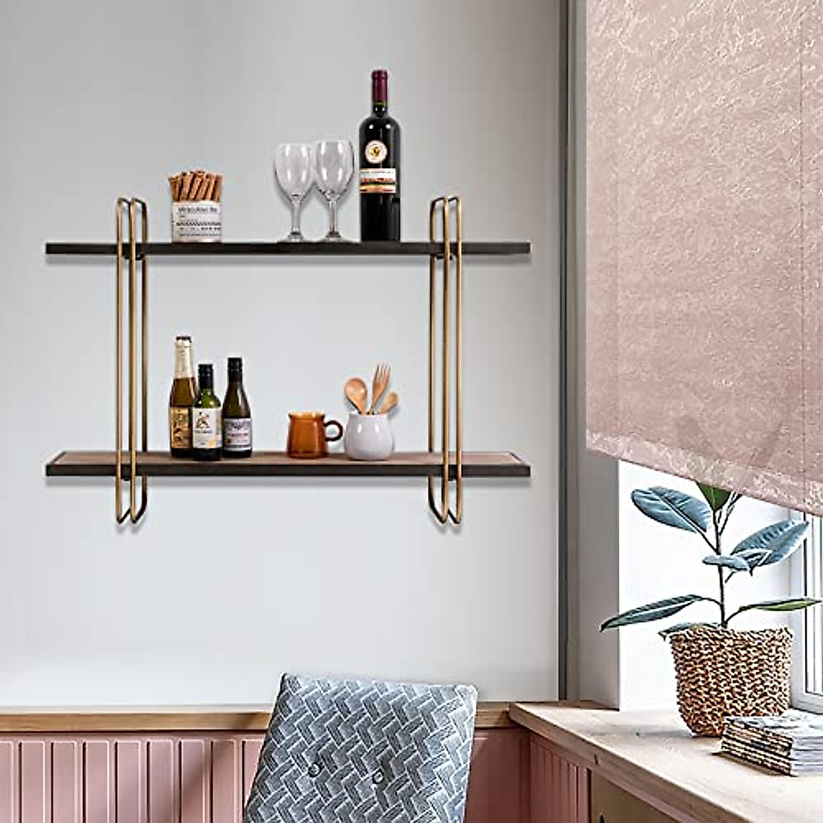 Oakrain Floating Shelves Wood, 32" Industrial Wall Shelves with Metal Frame for Bedroom, Living Room, Bathroom, Kitchen, Bar, Gold