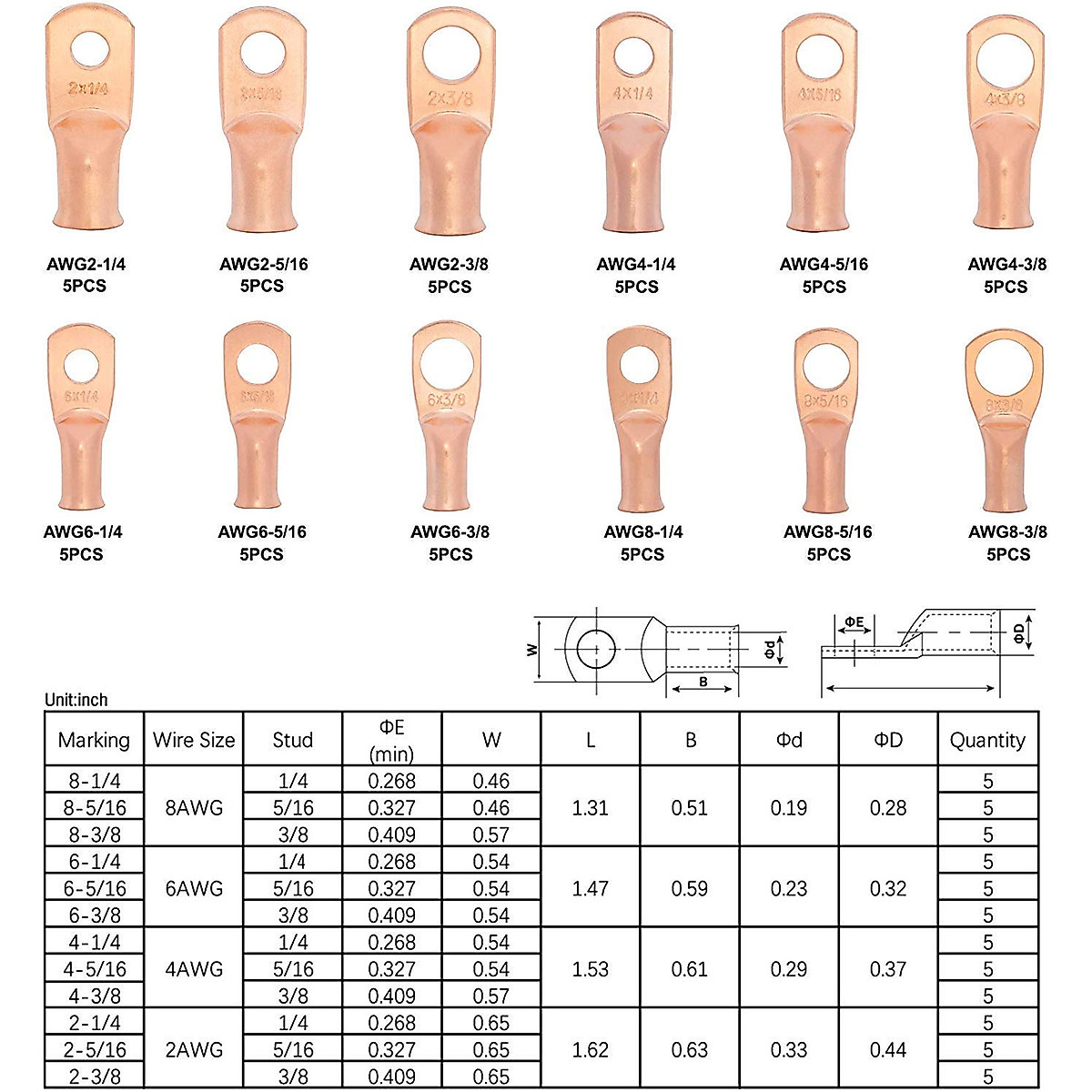 Sanuke 120Pcs AWG 8 6 4 2 Copper Wire Lugs with Heat Shrink Set, 60Pcs Heavy Duty Battery Cable Closed End Tubular Ring Terminals Connectors with 60Pcs Heat Shrink Tubing