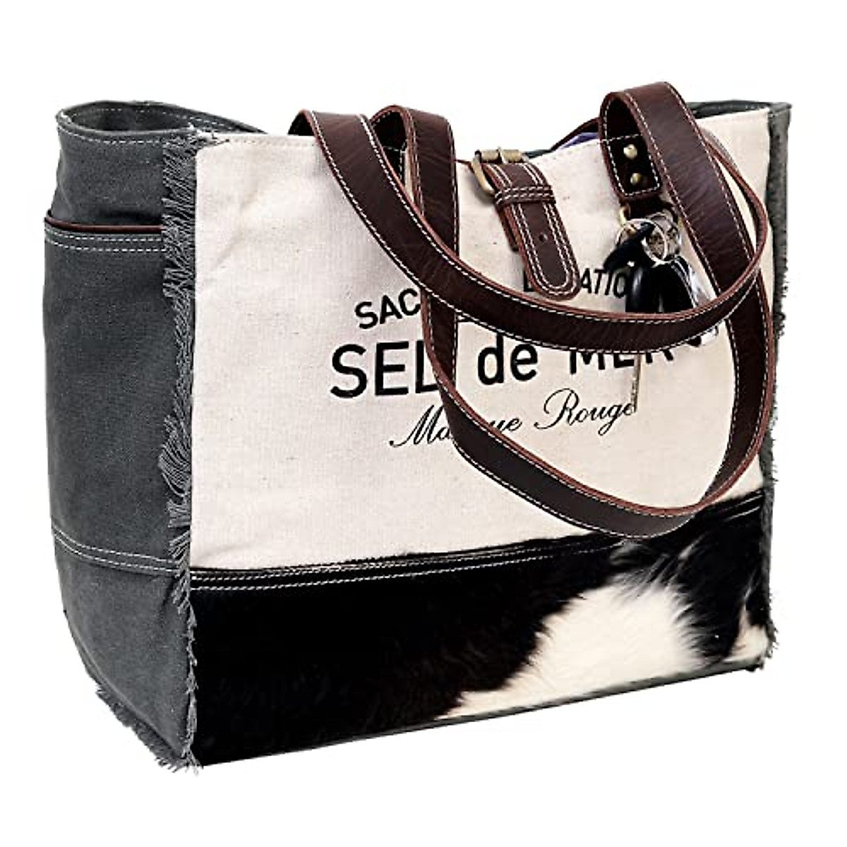 CLA Upcycle Canvas Bag, Handmade Canvas Bag With Leather, Canvas Tote Bag, Canvas Shoulder Bag, Canvas Handbag for Women (Brown Leather - Hair on)