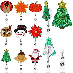 9 Pieces Christmas Badge Reel Holder Retractable Nurse Badge Reel Bling Glitter Holiday Badge Reels Cute Acrylic Id Name Badge Holder with Alligator Clip for Office Nurses Doctors