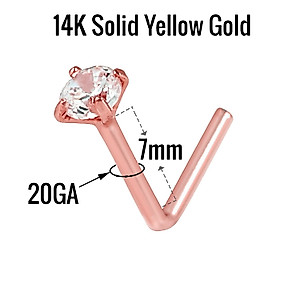 14K Solid Rose Gold, 20 GA, L Shape Diamond Nose Stud, Micro Nose, Nose Stud, Body Jewelry Rose Gold (2.50 ml Natural Diamond)
