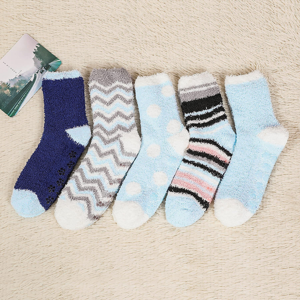 Zando Fuzzy Socks for Women Non Skid Grip Socks Warm Cozy Socks Non-Slip Yoga Socks with Grips Plush Slipper Socks Non Slip Hospital Socks Athletic Pilates Socks Sweet Home Socks 5/Blue Ripples