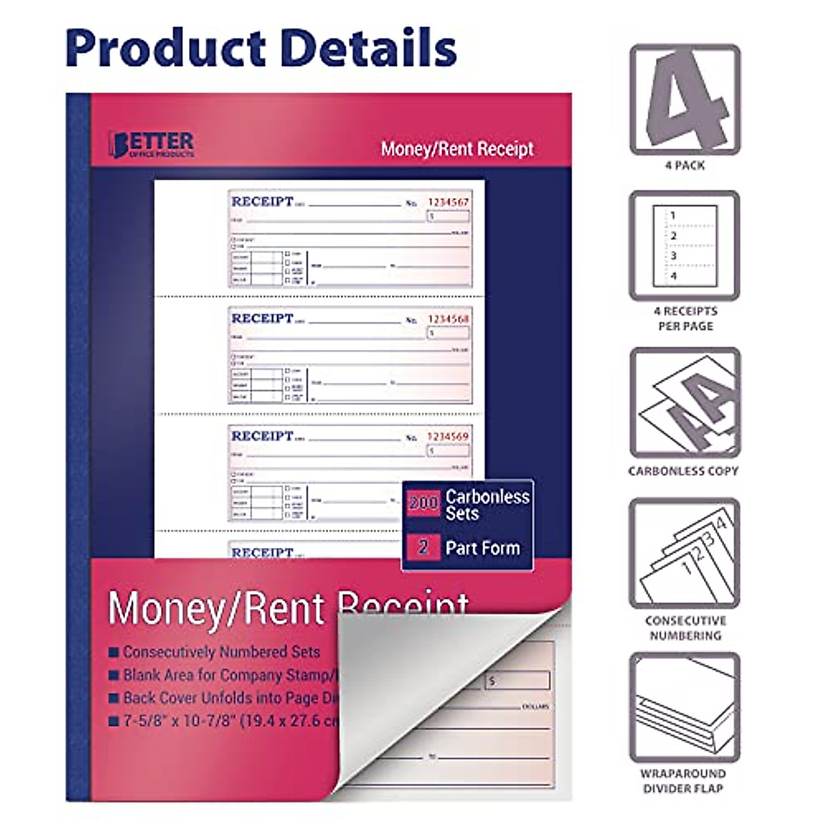 Cash Money and Rent Receipt Books, 4 Pack, Large Size, 2-Part Carbonless (White/Canary Yellow), 7-5/8 x 10-7/8 inches, by Better Office Products, 4 Sets per Page, 200 Sets per Book (800 Total Sets)