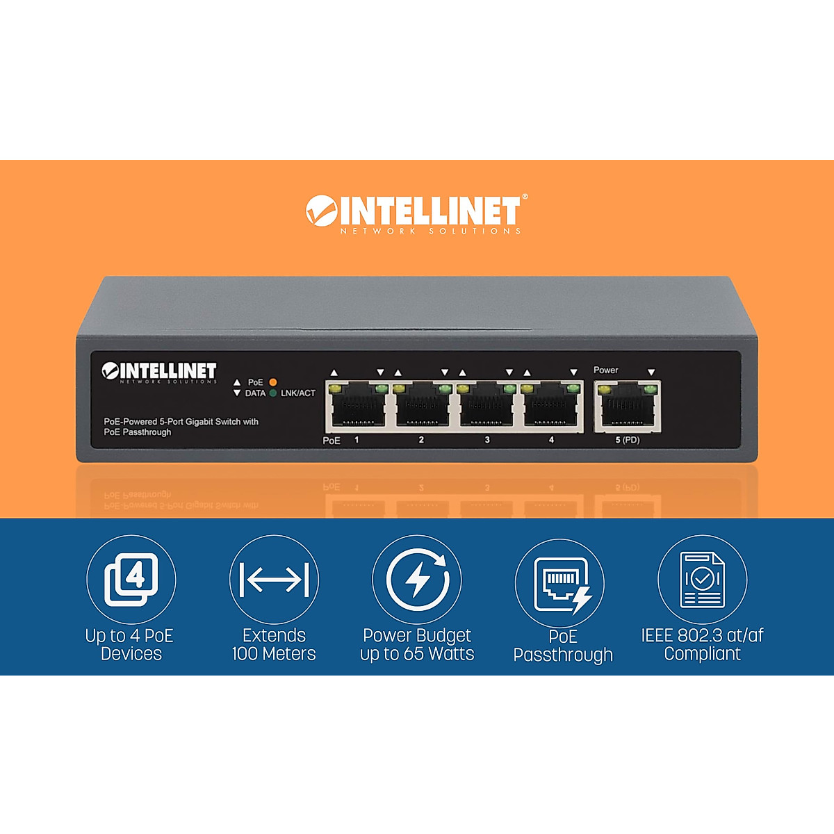 Intellinet PoE++ Powered 5 Port Gigabit Ethernet Switch with PoE Passthrough - 65W Power Budget via AC Power & 95W Power Budget via POE PD, 30W per Port, Fanless & Quiet–3 Yr Mfg Warranty-561808