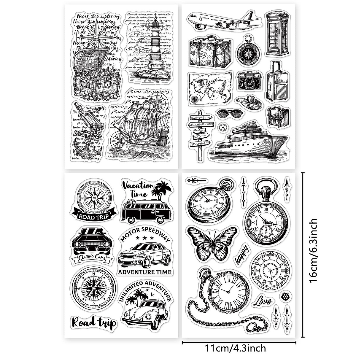 GLOBLELAND 4Pcs World Travel Ship Compass Clear Stamps Car Ship Journey World Travel Clock Cruise Ship Transparent Silicone Rubber Stamps for DIY Scrapbooking Supplies Embossing Paper Card Album