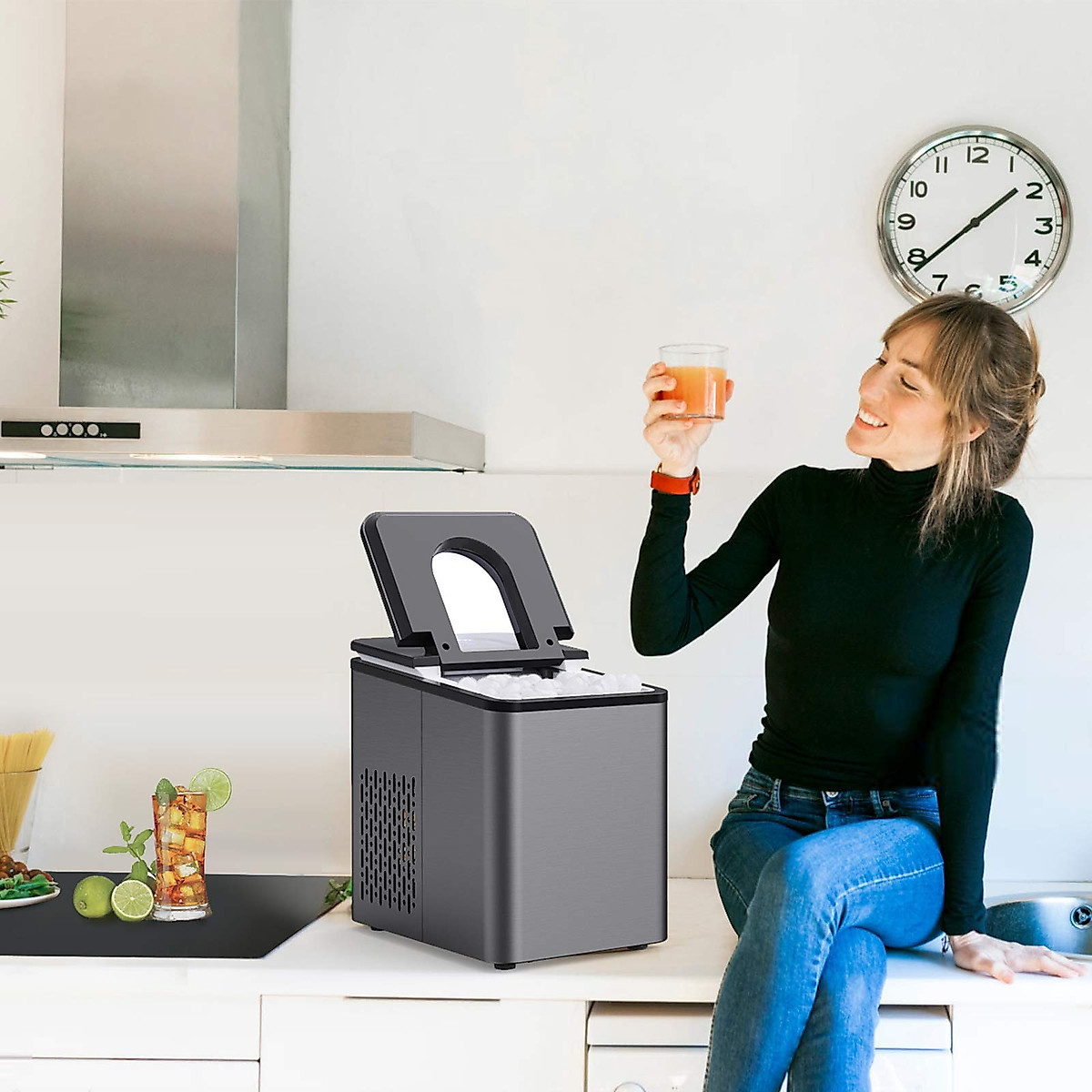 SOOPYK Ice Makers Countertop, Portable Ice Makes 27 lbs in 24 hrs - 9 Ice Cubes Ready in 5-7 Mins, Ice Maker Machine with Self- Cleaning Function with Ice Scoop and Basket