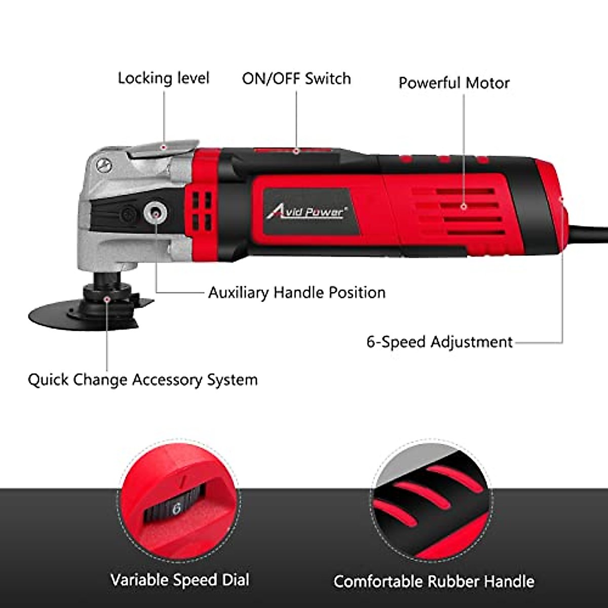 AVID POWER Oscillating Tool, 3.5-Amp Oscillating Multi Tool with 4.5° Oscillation Angle, 6 Variable Speeds and 13pcs Saw Accessories, Auxiliary Handle and Carrying Bag