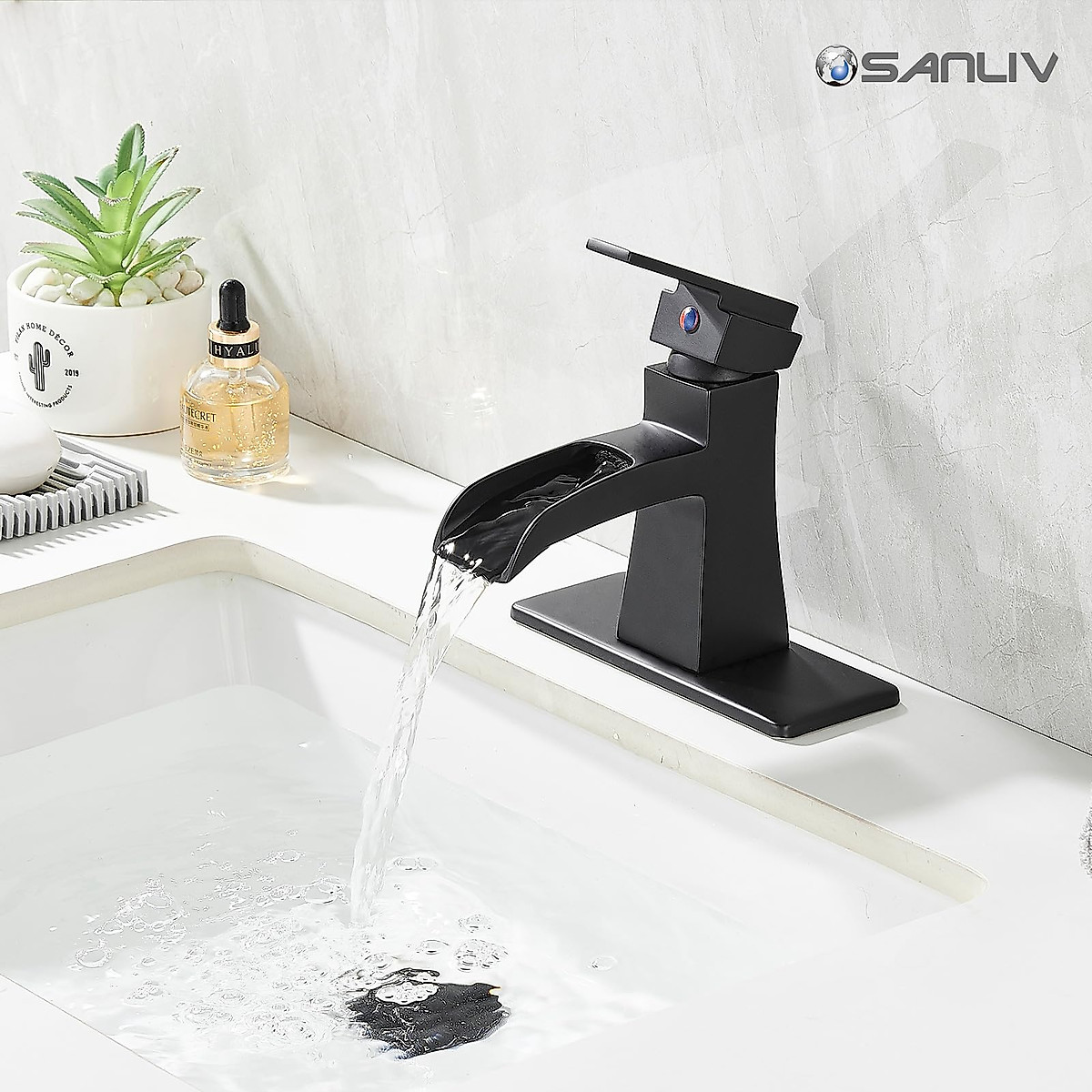 Sanliv Black Waterfall Bathroom Faucet, One-Handle Bathroom Faucets for Sink 1 or 3 Hole, Matte Black Vanity Faucet, Single Hole Restroom Sink Faucet with Pop Up Drain