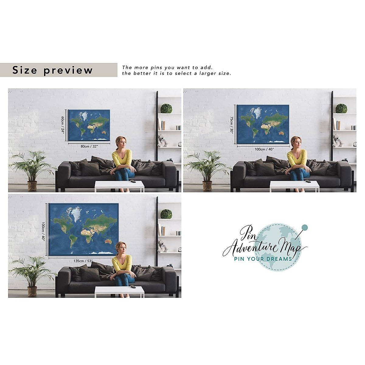 Modern World Satellite Wall Map with Push Pins | Push Pin Travel Map on Canvas | Personalized World Map with Pins | 24" x 32" up to 40" x 53"