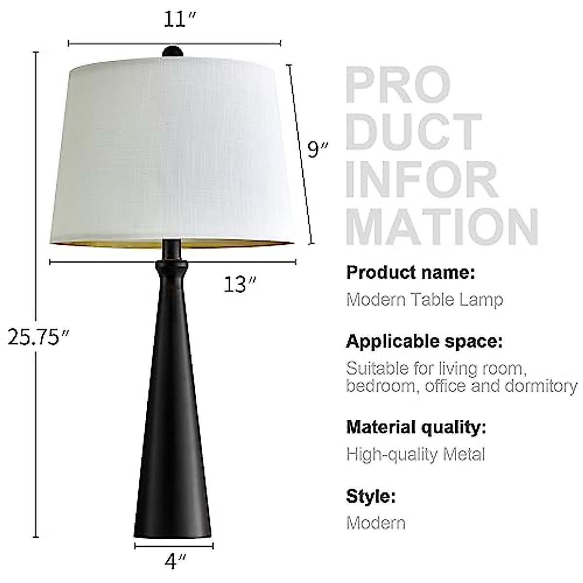 Oneach 25.75" Table Lamps Set of 2 for Living Room Bedroom, Bedside Lamp 3-Way Dimmable Touch Control, Modern Black Nightstand Light Fabric Shade Vintage Accent Style