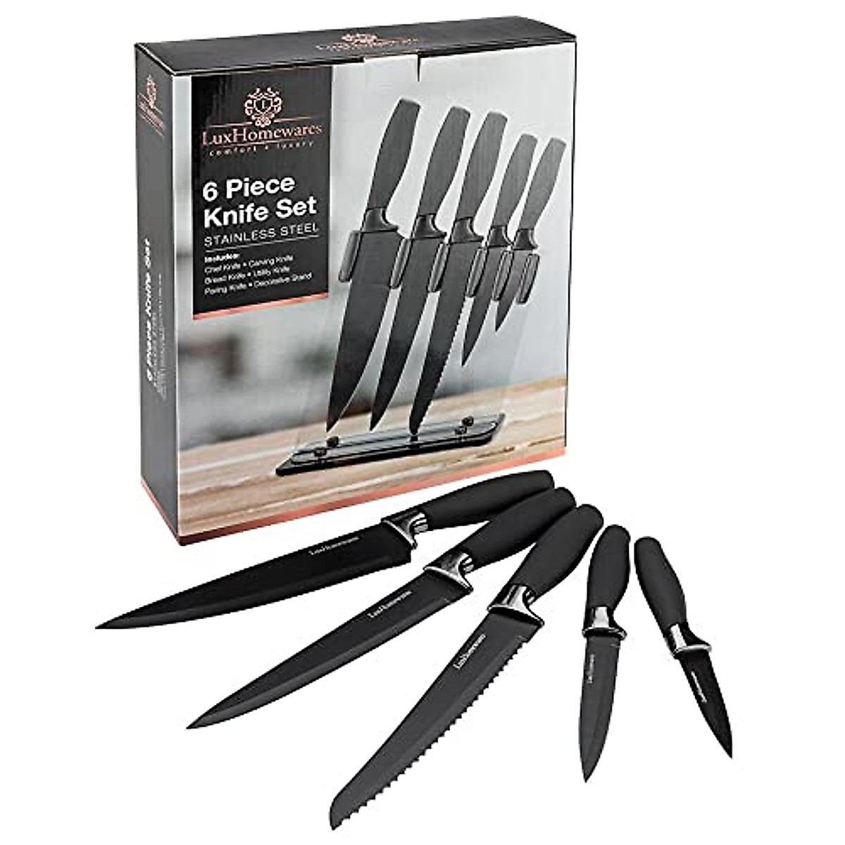 Luxhomewares 6 Piece Knife Set | 5 Beautiful Black Titanium Knives with Block Sharp Kitchen Sets Multiple Size, All Purpose 8 inch Chef, Bread, & Carving Utility Paring
