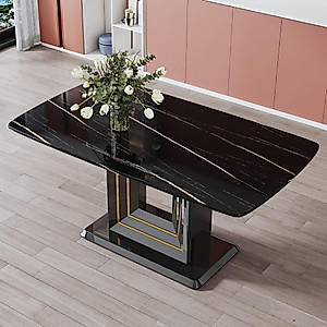 Maotifeys Luxury Faux Marble Dining Table for 6 Rectangular Kitchen Table with Black Gold Pedestal Base Elegant Black Marble Dinner Table for 4-6 People in Kitchen Dining Room Office